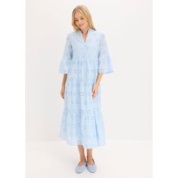 bonprix Midikleid aus reiner Baumwolle mit Lochstickerei, blau, Gr.38, Ein absolutes Must-Have, aus 100% Baumwolle
