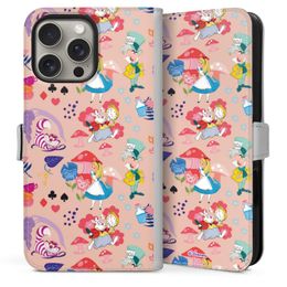 DeinDesign iPhone 16 Pro Handy Klapph&uuml;lle Handyh&uuml;lle aus Kunst Leder wei&szlig; Flip Case Alice In Wonderland Muster Disney Sideflip mit Lasche