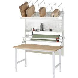 Rau Packtisch komplett, manuell h&ouml;henverstellbar, Set 3 mit Lochplatte, Schneidger&auml;t, Abrolleinheit, BxT 2000 x 1000 mm, Buchenplatte