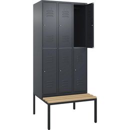 C+P Doppelstock-Spind Classic PLUS Sitzbank, 3 Abteile, grau, B 900 mm, Zylinderschloss, untergebaut, Buche-Hartholz