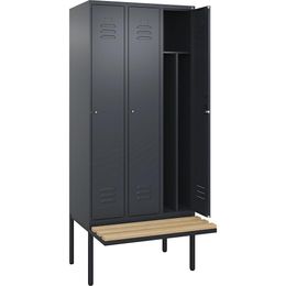 C+P Schwarz-Wei&szlig;-Spind Classic PLUS Sitzbank, schmal, 3 Abteile, verk&uuml;rzte Trennwand mittig, grau, B 900 mm, Zylinderschloss, auskragend,