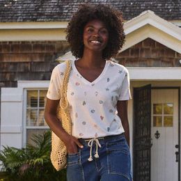 LANDS' END Supima Kurzarm-Shirt mit V-Ausschnitt f&uuml;r Damen in Petite-Gr&ouml;&szlig;e, Damen, size: petite, Elfenbein, Baumwolle, by Lands' End