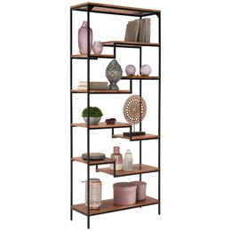 Landscape Regal, Schwarz, Akazie, Metall, Akazie, massiv, 10 F&auml;cher, 80x190x30 cm, Holzm&ouml;bel, Holzregale, B&uuml;cherregale Holz