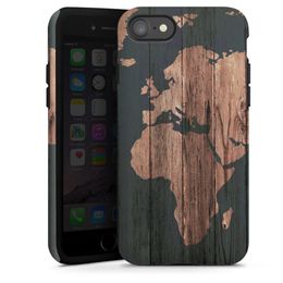 DeinDesign iPhone SE (2022) Handy Panzer Handyh&uuml;lle robuste Outdoor H&uuml;lle Schutzh&uuml;lle matt Wooden Look Map World Map Tough Case