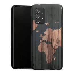 DeinDesign Galaxy A52s 5G Handy Silikon H&uuml;lle Case schwarz Handyh&uuml;lle Wooden Look Map World Map