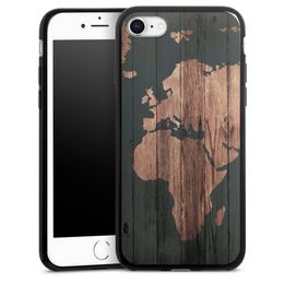DeinDesign iPhone SE (2022) Handy Slim Case extra d&uuml;nn Silikon Handyh&uuml;lle schwarz H&uuml;lle World Map Map Wooden Look Silikon Slim Case