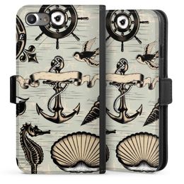 DeinDesign iPhone SE (2020) Handy Klapph&uuml;lle Handyh&uuml;lle aus Kunst Leder schwarz Flip Case Sailor Anchor Maritim Sideflip mit Lasche