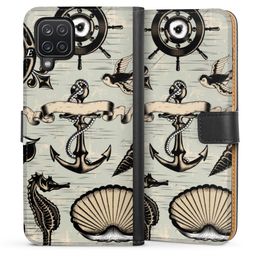 DeinDesign Galaxy A12 Handy Klapph&uuml;lle Handyh&uuml;lle aus Kunst Leder schwarz Flip Case Sailor Anchor Maritim Sideflip mit langer Lasche