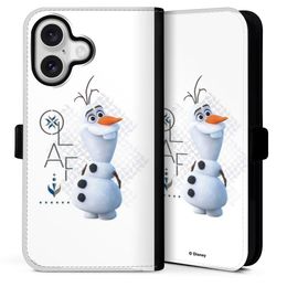 DeinDesign iPhone 16 Handy Klapph&uuml;lle Handyh&uuml;lle aus Kunst Leder schwarz Flip Case Frozen Olaf Disney Frozen 2 Sideflip mit Lasche