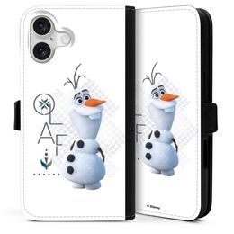 DeinDesign iPhone 16 Plus Handy Klapph&uuml;lle Handyh&uuml;lle aus Kunst Leder schwarz Flip Case Frozen Olaf Disney Frozen 2 Sideflip mit Lasche