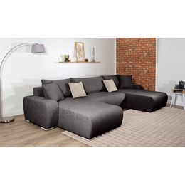 Wohnlandschaft Collection AB, B:314cm H:41cm T:169cm, grau, 100%Polyester, Sofas, "Paola U-Form, B: 314 cm", Schlaffunktion, Bettkasten & 4