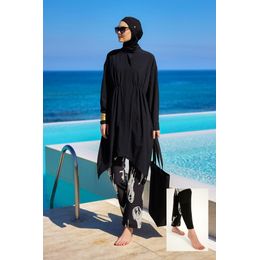 Schwarzes Premium-Badebekleidungsset mit asymmetrischem Schnitt und vollst&auml;ndiger Abdeckung