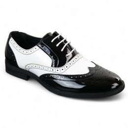 Herren Lack Schn&uuml;rschuhe Schwarz Wei&szlig; Brogues Elegante Abendschuhe