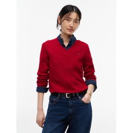 Tommy Hilfiger Damen Strickpullover "CO CABLE FINE GG V-NK LS SWT", rot, Gr. M, unifarben, Strick, Obermaterial: 100% Baumwolle, Pullover, Baumwolle,