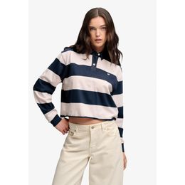 Superdry Damen Langarm-Poloshirt "ATH ESS CROPPED STRIPE RUGBY"navy, pink stripe, Gr. XS, gestreift, Single Jersey, Obermaterial: 100% Baumwolle,