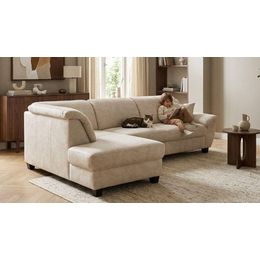 Ecksofa OTTO HOME, B:254cm H:80cm T:186cm, beige, 100% Polyester, Wohnzimmer, Sofas, "Sillkeborg 254 x 186 cm, formsch&ouml;nes Sofa mit dunklen F&uuml;&szlig;en",