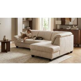 Ecksofa OTTO HOME, B:254cm H:80cm T:186cm, beige, 100% Polyester, Wohnzimmer, Sofas, "Sillkeborg 254 x 186 cm, formsch&ouml;nes Sofa mit dunklen F&uuml;&szlig;en",