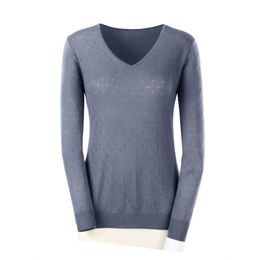 Heine Damen Ajourpullover, Blau, Gr. 44, V-Ausschnitt Pullover, Material: Viskose