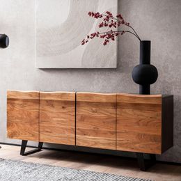 FineBuy Massivholz Sideboard 180cm Akazie Kommode mit 4 T&uuml;ren Baumkante Industrial Design Metall Schwarz