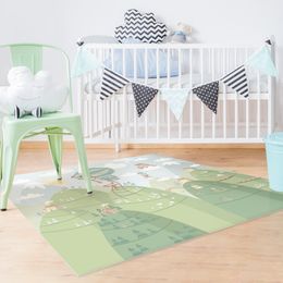 Vinylteppich - Wald mit H&auml;usern und Tieren - Illustration gr&uuml;n Wald Vinylmatte Ballon Kinderzimmer