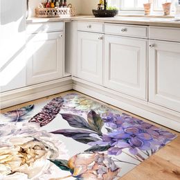 Bilderwelten Vinylteppich Illustration pastell Blumen Aquarell - Zartes Aquarell Boho Bl&uuml;ten und Federn Muster - Rose K&uuml;che Badezimmer Flur