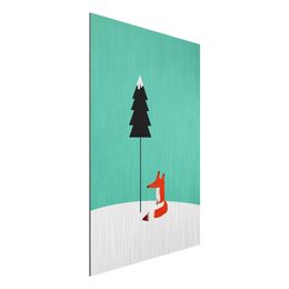 Bilderwelten Alu Dibond Outdoor Bild Tiere t&uuml;rkis Illustration wetterfest - Fuchs unter der Tanne - Deko Kinderzimmer Baby M&auml;dchen Jungen