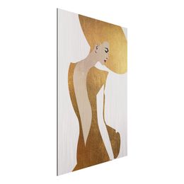 Bilderwelten Alu Dibond Outdoor Bild Portrait gold Illustration wetterfest - Dame mit Hut in Gold - Deko Wohnzimmer Schlafzimmer