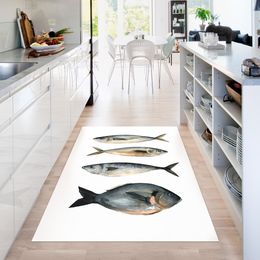 Vinylteppich - Vier Fische in Aquarell I - maritim blau Tiere Aquarell Fische K&uuml;che Badezimmer Flur
