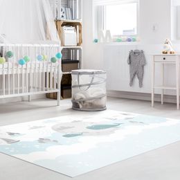 Vinylteppich - Wolken mit Wal und Schloss - Illustration weiss Tiere Vinylmatte Fische Kinderzimmer