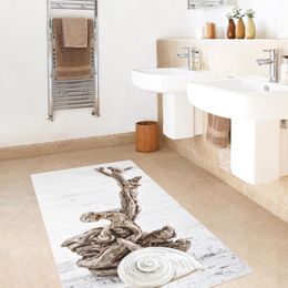 Vinylteppich - Wei&szlig;es Schneckenhaus und Wurzelholz - Motiv beige Strand Holzoptik Landschaft K&uuml;che Badezimmer Flur
