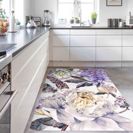Vinylteppich - Zartes Aquarell Boho Bl&uuml;ten und Federn Muster - Illustration pastell Blumen Aquarell Rose K&uuml;che Badezimmer Flur