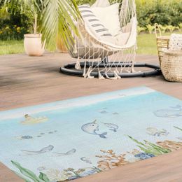 Vinylteppich - Narwalfamilie mit Freunden - modern blau Strand Aquarell Boot Schiff & U-Boot Kinderzimmer