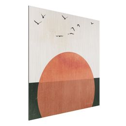 Bilderwelten Alu Dibond Outdoor Bild Natur rot modern Aquarell - Vogelschwarm vor aufgehender Sonne - Sonnenuntergang Wohnzimmer Schlafzimmer