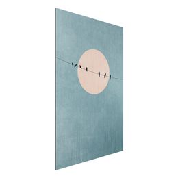 Alu Dibond Outdoor Bild - V&ouml;gel vor rosa Sonne I - Natur petrol modern Aquarell Sonnenuntergang Wohnzimmer Schlafzimmer