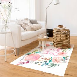 Vinylteppich - Rosa Bl&uuml;ten - Girl Power - modern weiss Blumen Aquarell Spr&uuml;che Kinderzimmer