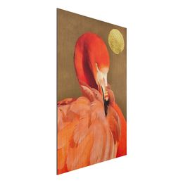 Bilderwelten Alu Dibond Outdoor Bild Tiere rot Fotomontage wetterfest - Goldener Mond mit Flamingo - V&ouml;gel Wohnzimmer Schlafzimmer