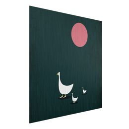 Bilderwelten Alu Dibond Outdoor Bild Tiere petrol Illustration wetterfest - Familie Gans auf Wanderschaft - V&ouml;gel Kinderzimmer Baby M&auml;dchen Jungen