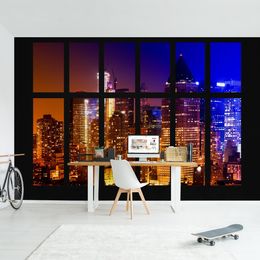 Bilderwelten Fototapete Stadt modern 3D-Effekt einzigartig - Fenster Manhattan Sonnenaufgang - New York Wohnzimmer Schlafzimmer