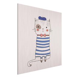 Bilderwelten Alu Dibond Outdoor Bild Tiere rosa Illustration wetterfest - Katze in Frankreich - Katze Kinderzimmer Baby M&auml;dchen Jungen
