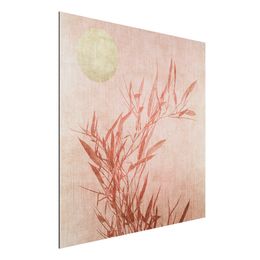 Bilderwelten Alu Dibond Outdoor Bild Natur rosa modern wetterfest - Goldene Sonne mit Rosa Bambus - Bambus Wohnzimmer Schlafzimmer
