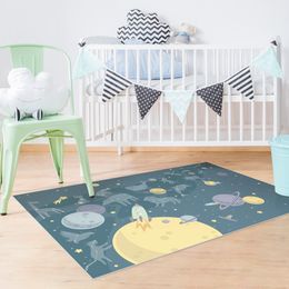 Vinylteppich - Planeten mit Sternzeichen und Raketen - Illustration blau Spirituell Vinylmatte Fahrzeuge Kinderzimmer