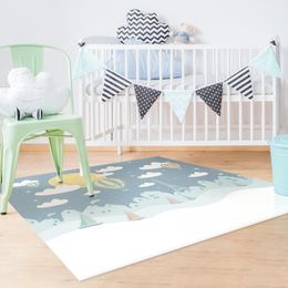 Vinylteppich - Paris mit Sternen und Hei&szlig;luftballon - Illustration blau Stadt Vinylmatte Skylines Kinderzimmer