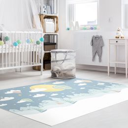 Vinylteppich - Paris mit Sternen und Hei&szlig;luftballon - Illustration blau Stadt Vinylmatte Skylines Kinderzimmer