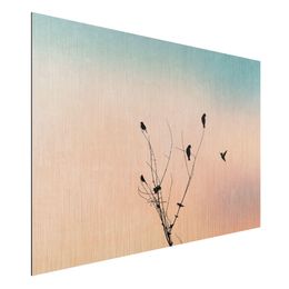 Alu Dibond Outdoor Bild - V&ouml;gel vor rosa Sonne II - Natur petrol modern Aquarell Sonnenuntergang Wohnzimmer Schlafzimmer