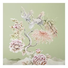 Bilderwelten Alu-Dibond Outdoor Bild Aquarell St&ouml;rche im Flug mit Blumen auf Gr&uuml;n
