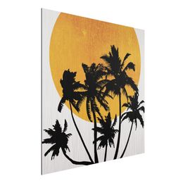 Bilderwelten Alu Dibond Outdoor Bild Natur gold Tropisch wetterfest - Palmen vor goldener Sonne - Sonnenuntergang Wohnzimmer Schlafzimmer