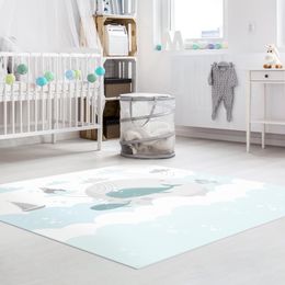 Vinylteppich - Wolken mit Wal und Schloss - Illustration weiss Tiere Vinylmatte Fische Kinderzimmer