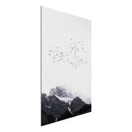 Bilderwelten Alu Dibond Outdoor Bild Natur schwarz weiss Motiv wetterfest - Vogelschwarm vor Bergen Schwarz Wei&szlig; - Berg Wohnzimmer Schlafzimmer