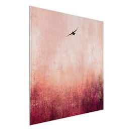 Bilderwelten Alu Dibond Outdoor Bild Natur rot modern Aquarell - Vogel im Sonnenuntergang - Sonnenuntergang Wohnzimmer Schlafzimmer
