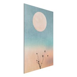 Alu Dibond Outdoor Bild - V&ouml;gel vor rosa Sonne II - Natur petrol modern Aquarell Sonnenuntergang Wohnzimmer Schlafzimmer